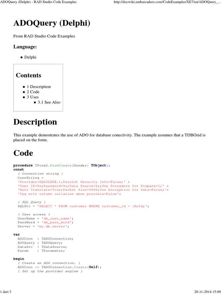 ADOQuery (Delphi) - RAD Studio Code Examples | PDF | Password | Sql