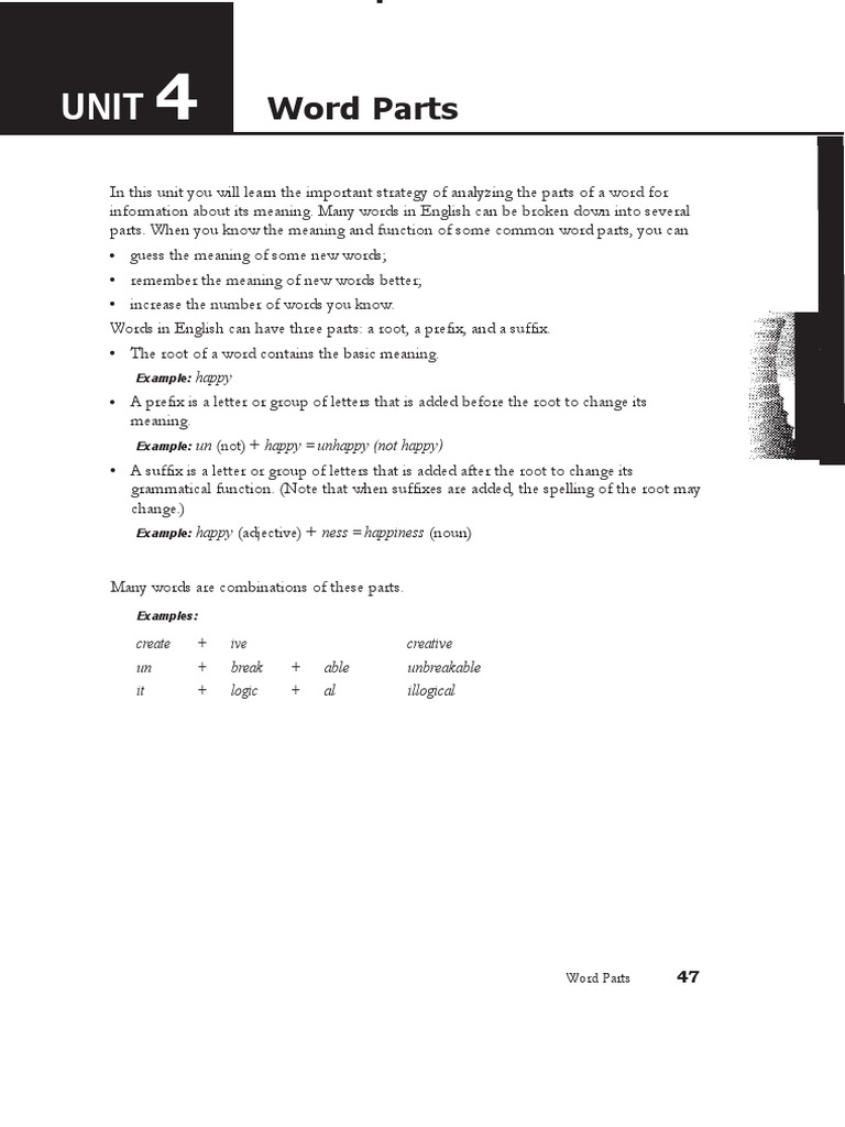 Unit 4 Word Parts | PDF | Adjective | Part Of Speech