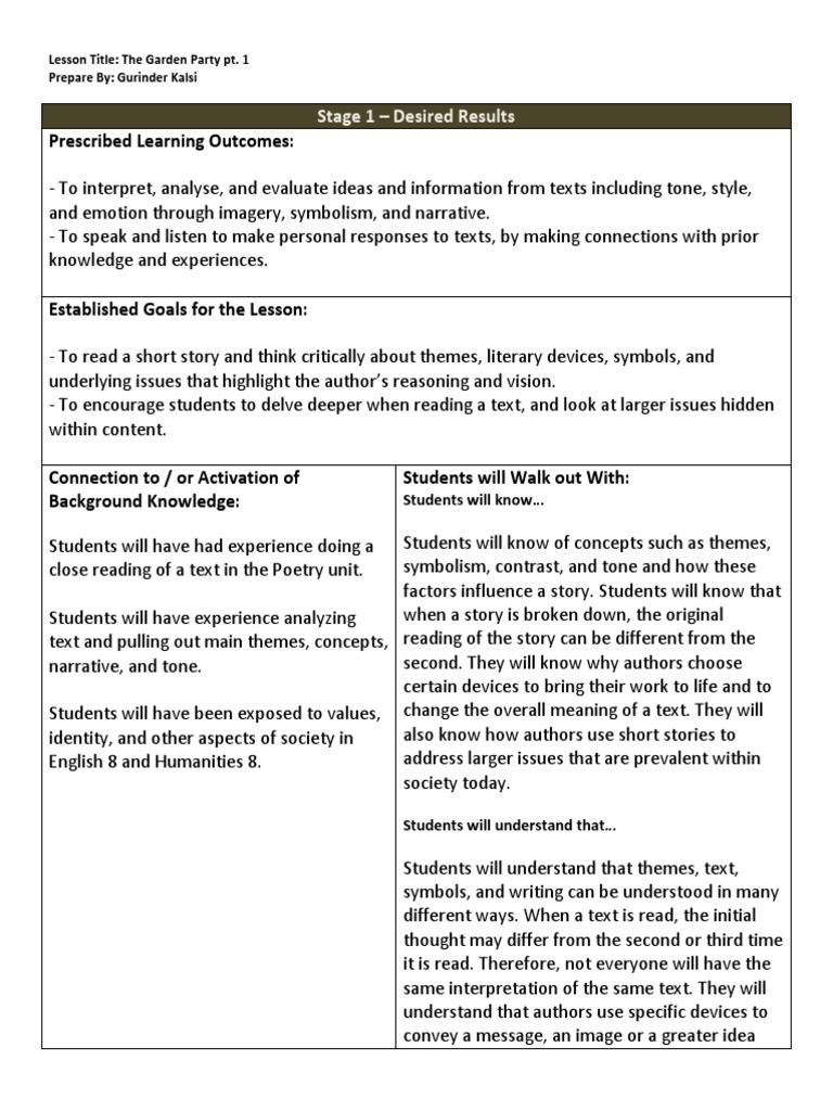 Lesson Plan: The Garden Party Analysis | PDF | Educational Assessment ...