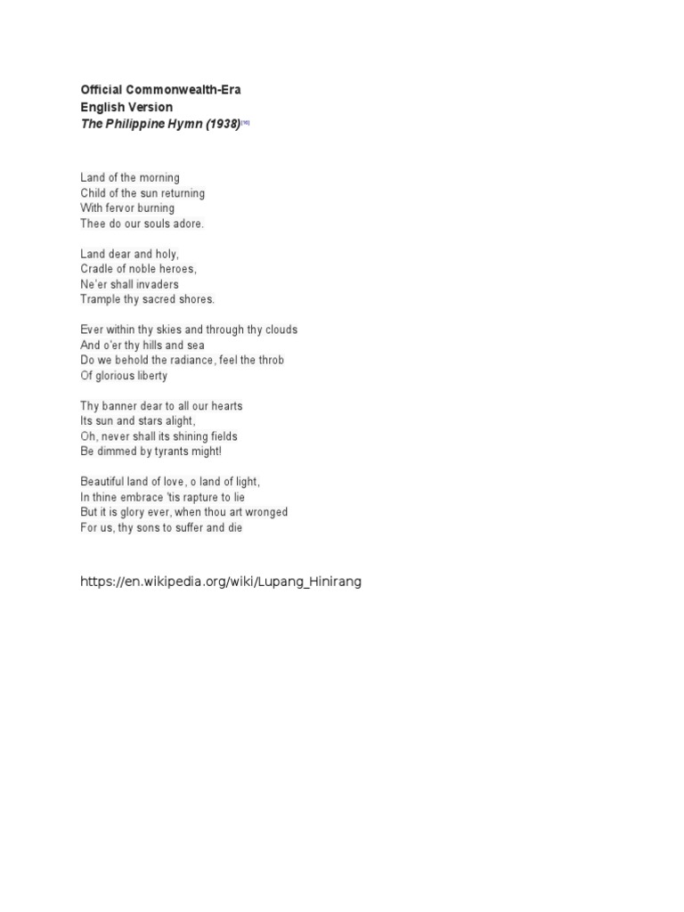 The Philippine Hymn (1938) : Official Commonwealth-Era English Version ...