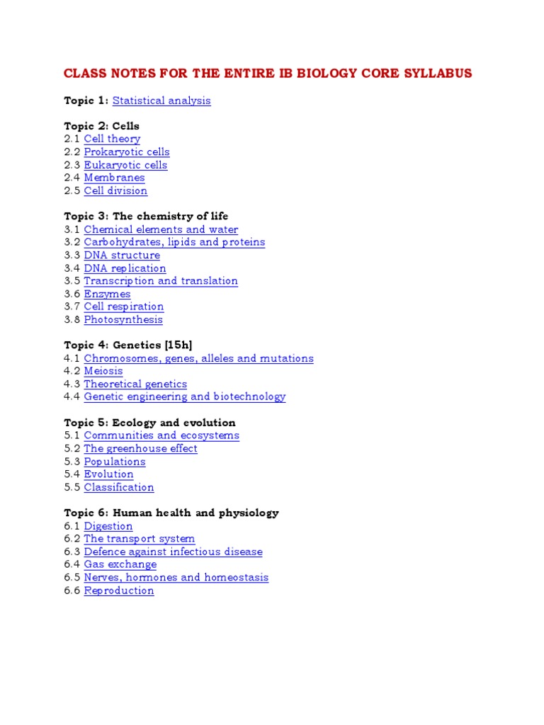 IB Biology Core Syllabus Notes | PDF | Rna | Zygosity