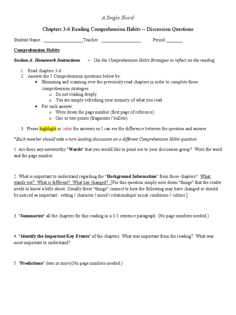 A Single Shard CHP 3 - 6 Discussion Questions - Comprehension Habits ...
