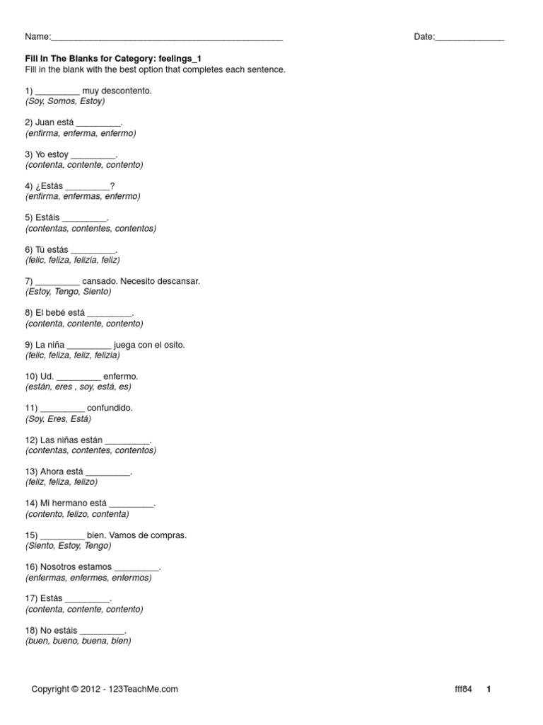 Feelings 1-Fill in The Blanks | PDF