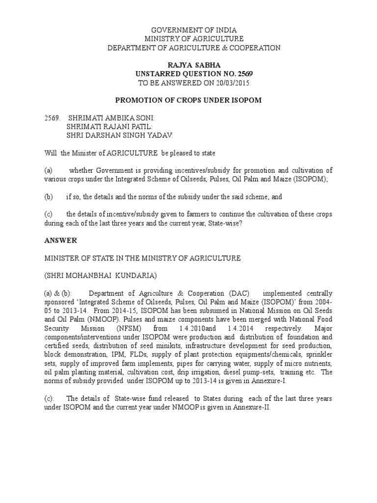 Details of Incentives and Subsidies Provided to Farmers for Promotion ...