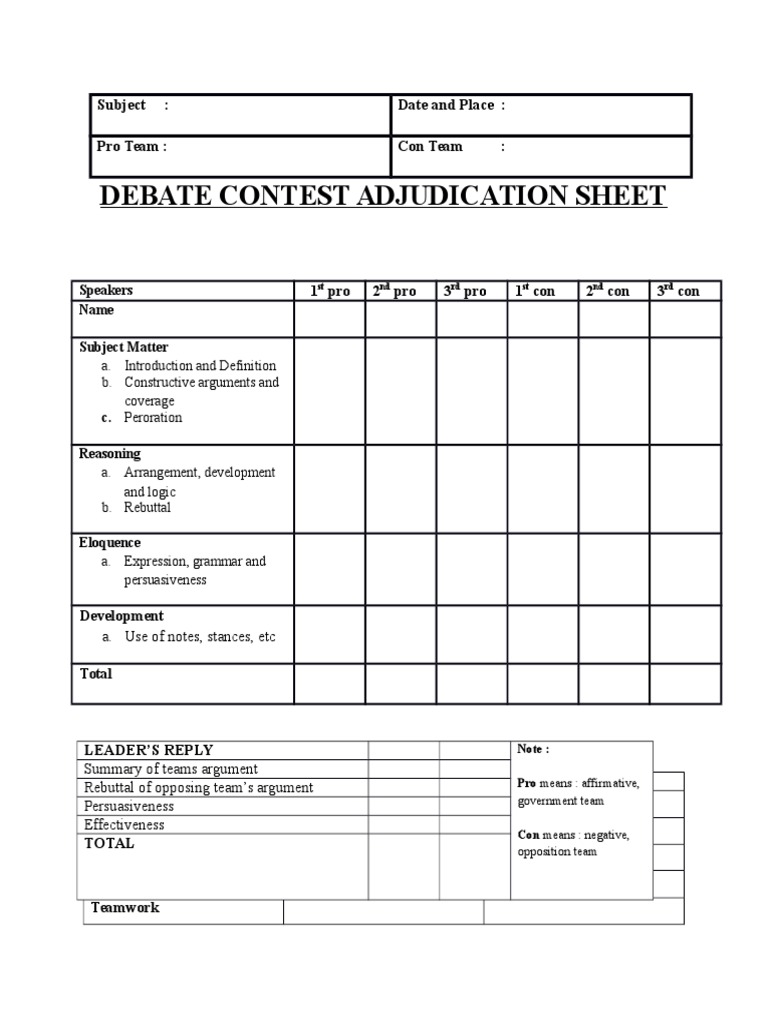Debate Contest Adjudication Sheet: Subject: Date and Place: Pro Team ...