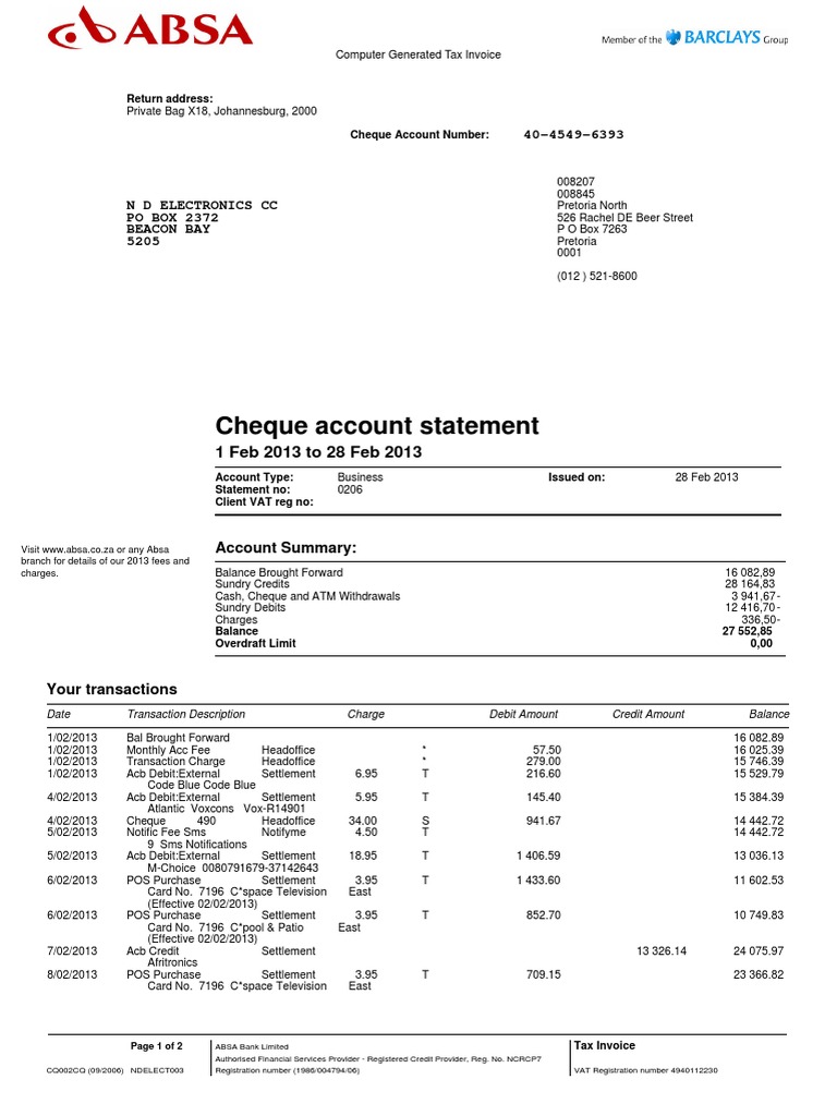 Absa Statement-Feb 2013 | Debit Card | Debits And Credits