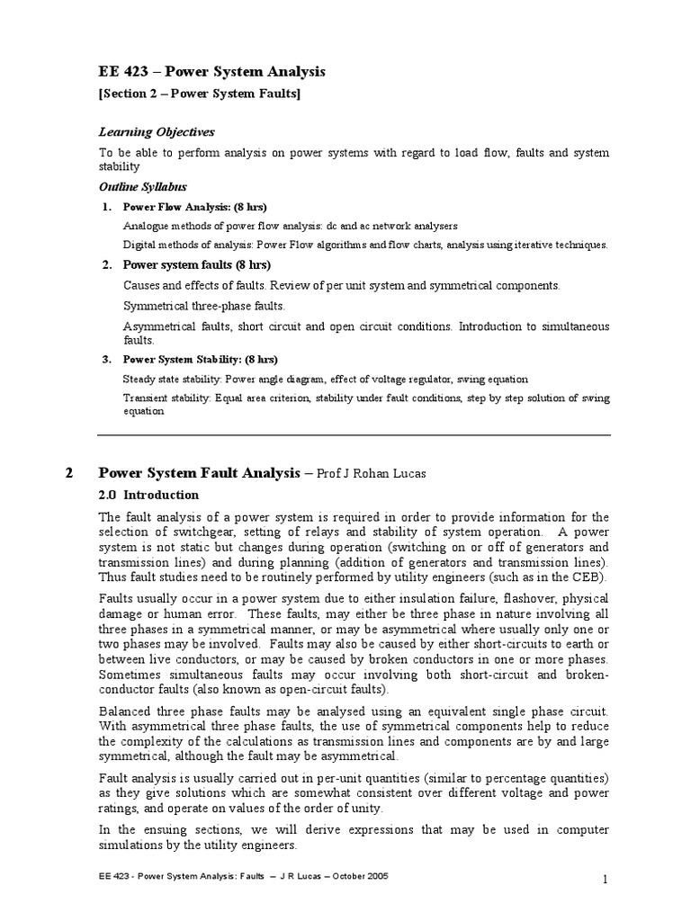 Ee423 Fault Analysis Notes Pdf Electrical Impedance Electric Power System