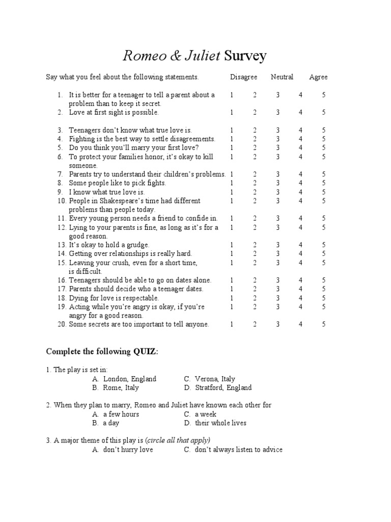 Romeo & Juliet Student Survey and Quiz | PDF | Characters In Romeo And ...