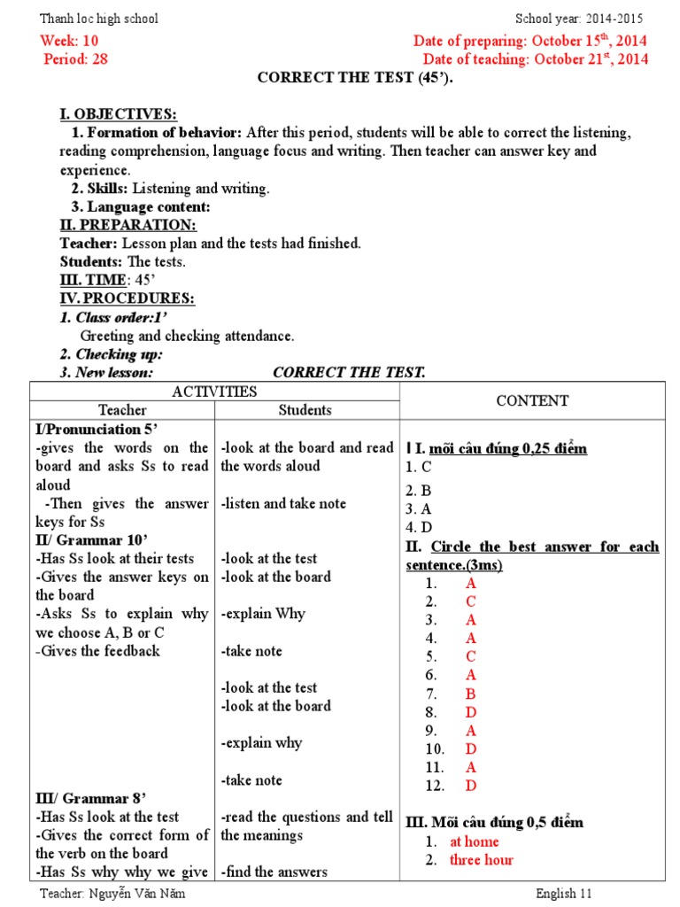Thanh Loc High School Weekly Lesson Plan - Test Correction and Unit 6 ...