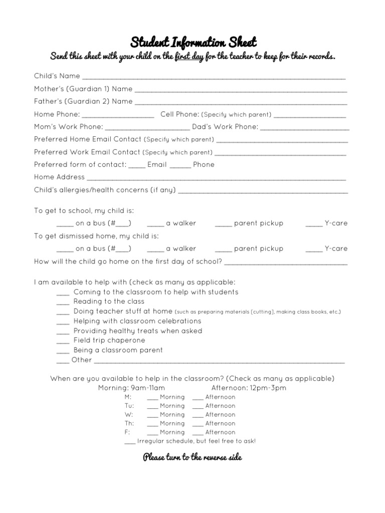 Student Information Sheet: Send This Sheet With Your Child On The First ...