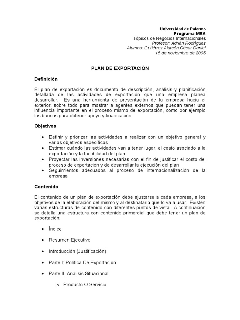 Plan De Exportacion Pdf Exportaciones Planificación