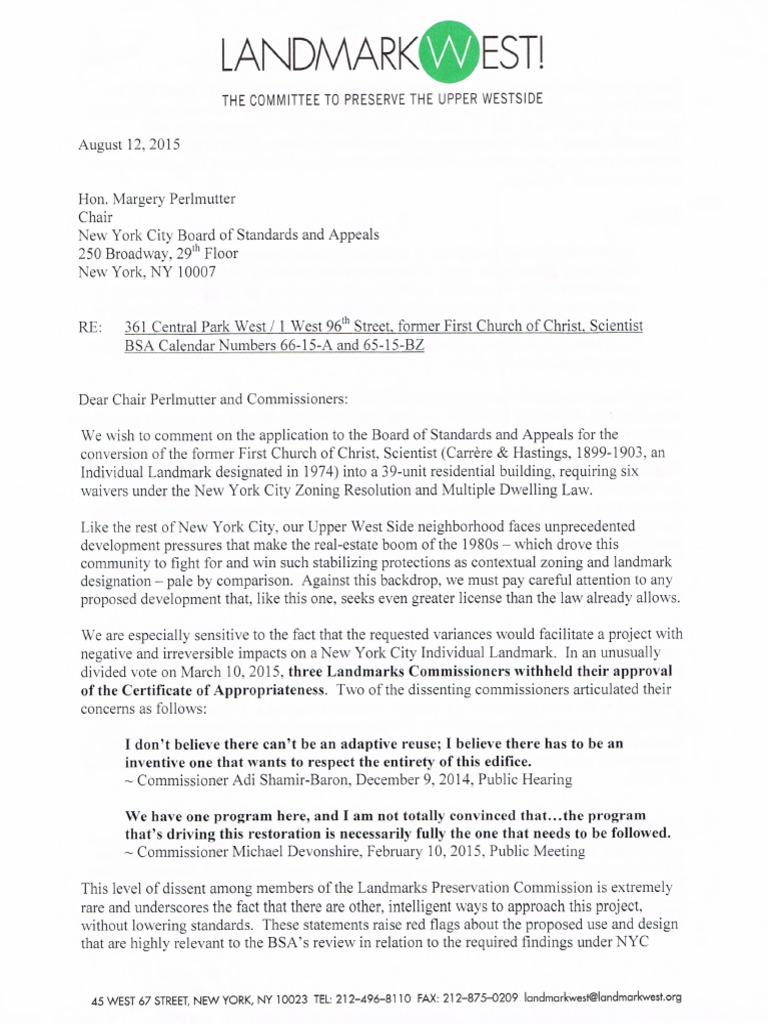 LW! Letter To BSA On 361 Central Park West / 1 West 96th Street, Former ...