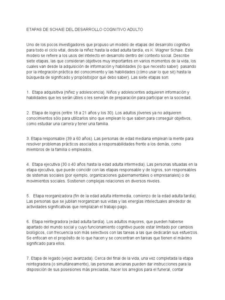 Etapas de Schaie Del Desarrollo Cognitivo Adulto | PDF | Desarrollo ...