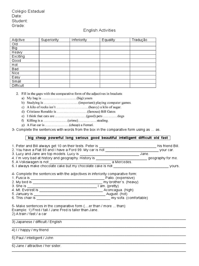 English Adjective Comparatives Worksheet | PDF