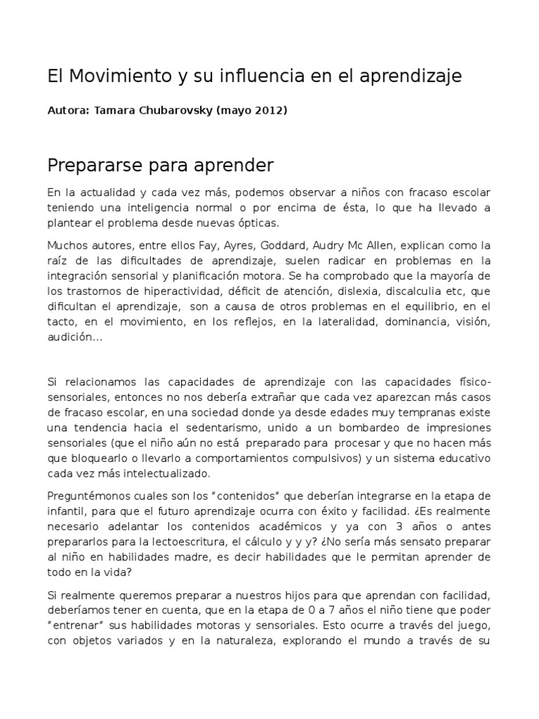 El Movimiento y Su Influencia en El Aprendizaje | PDF | Percepción ...