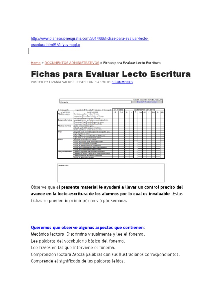 Fichas para Evaluar Lecto Escritura | PDF