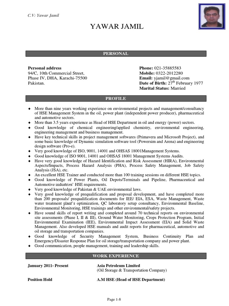 Sample Resume for HSE Supervisor | Environmental Impact Assessment ...