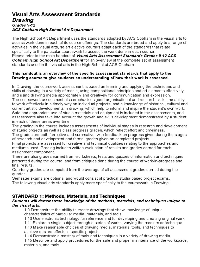 Drawing: Visual Arts Assessment Standards | PDF | Educational ...