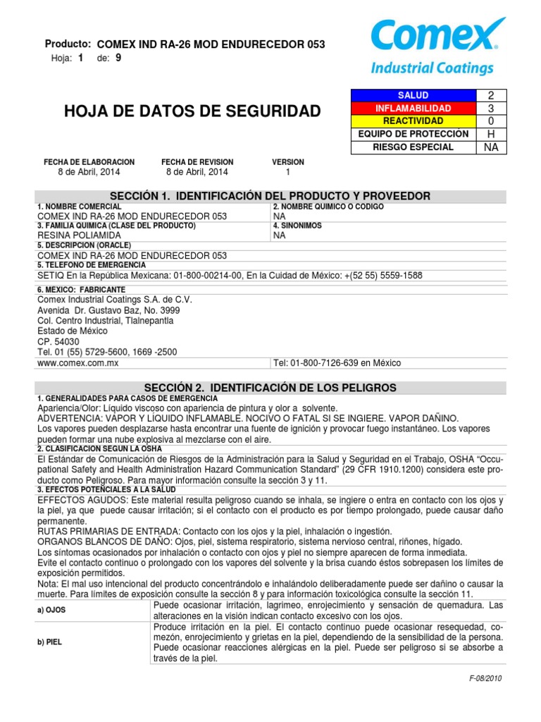 Comex Ind Ra-26 Mod Endurecedor 053 | PDF | Administración de Seguridad y Salud Ocupacional | Agua