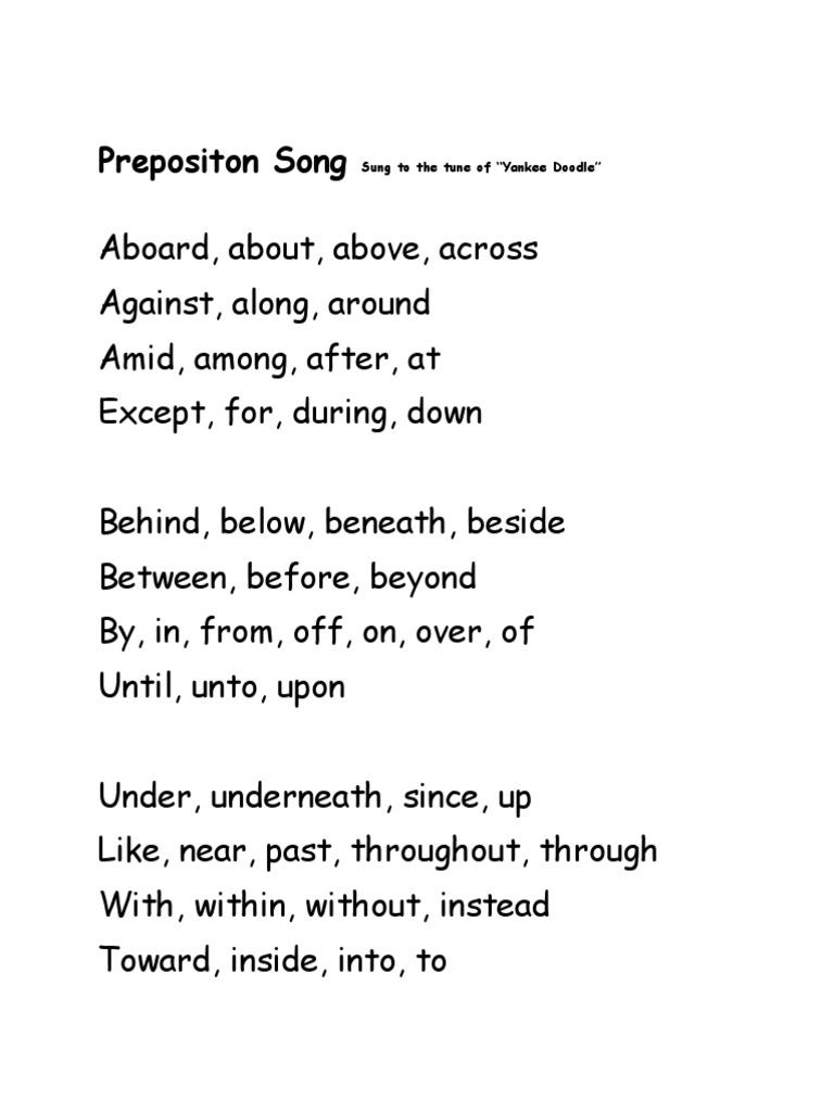 Fun Preposition Song Lyrics | PDF