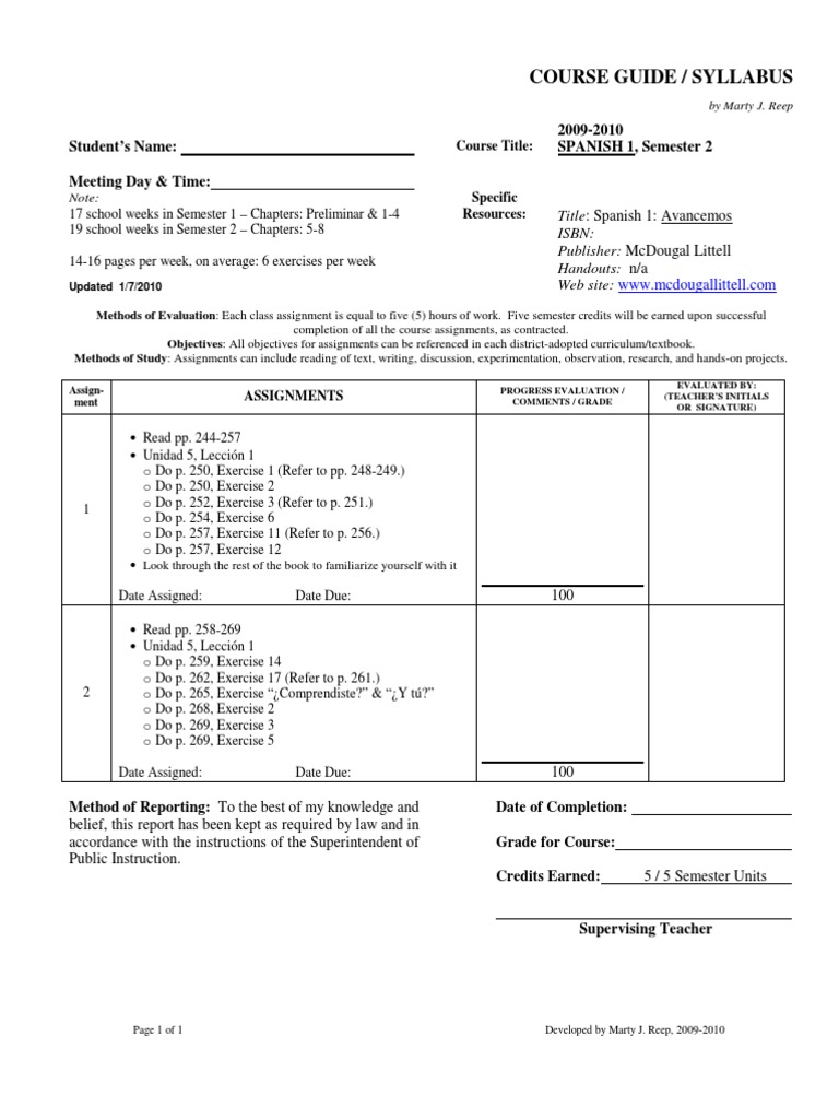 Spanish 1 Semester 2 Course Guide | PDF | Syllabus | Change