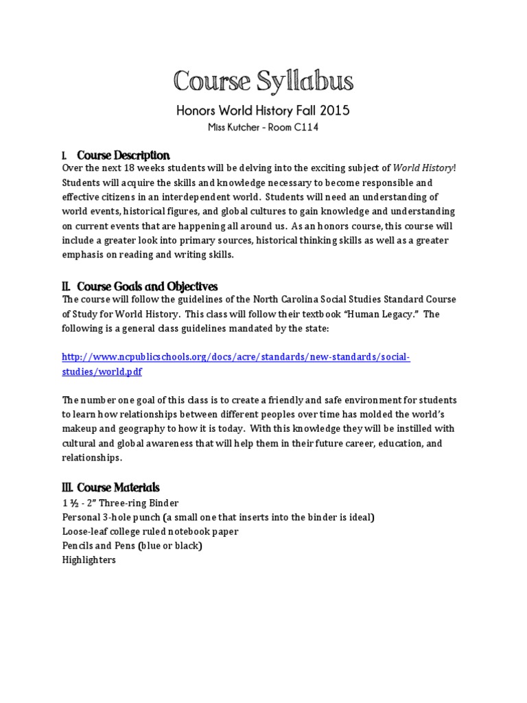Honors Course Syllabus 15-16 | PDF | World History | Curriculum