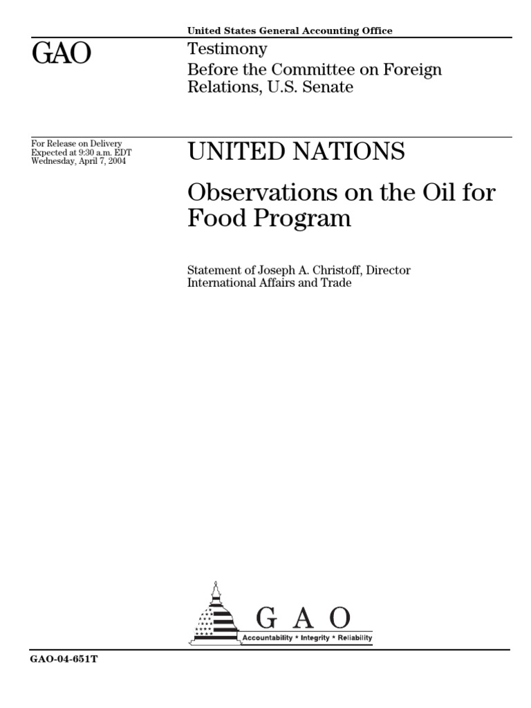 United Nations Observations On The Oil For Food Program: Testimony ...
