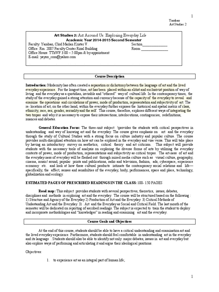 Art Studies 2 Syllabus | PDF | Plagiarism | Representation (Arts)