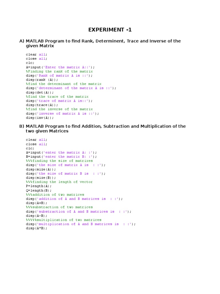 Experiment - 1: A) MATLAB Program To Find Rank, Determinent, Trace and ...