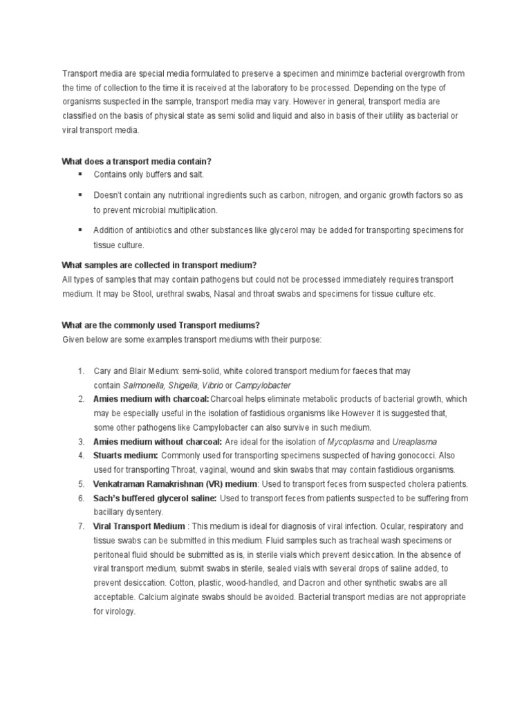 Transport Media | PDF | Growth Medium | Bacteria