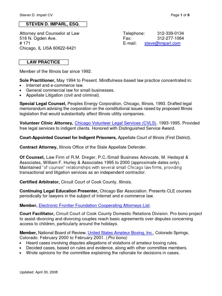Steve Imparl CV 20080430 | PDF | Practice Of Law | Lawyer