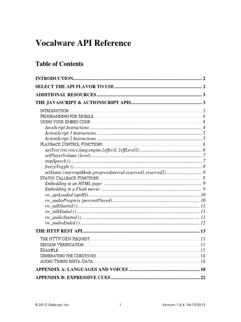 Vocalware API Reference | PDF | Action Script | Java Script