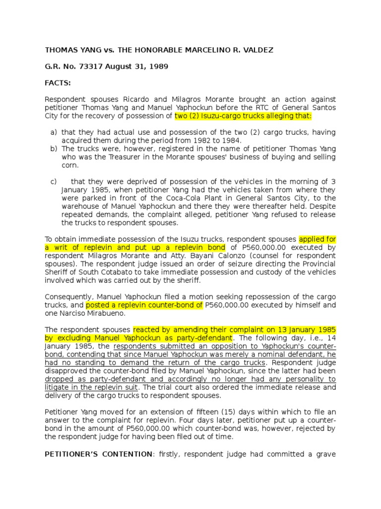 Thomas Yang Appeals Judge's Rejection of Counter-Bond in Truck Replevin ...