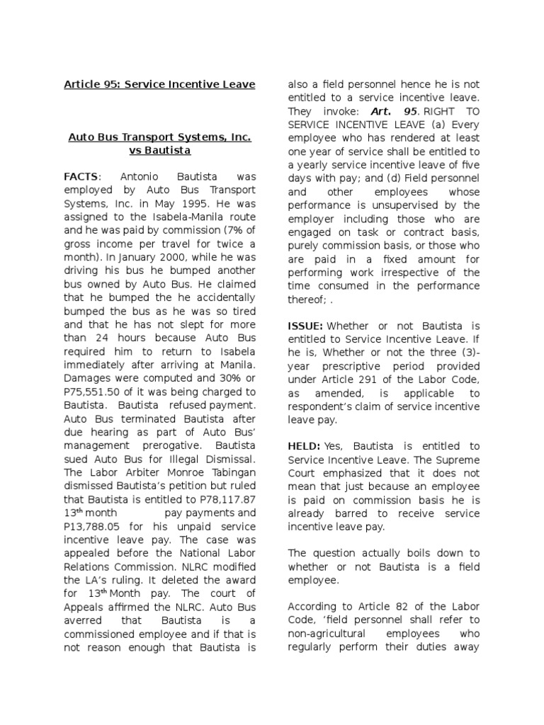 Article 95: Service Incentive Leave | PDF | Employment | Salary