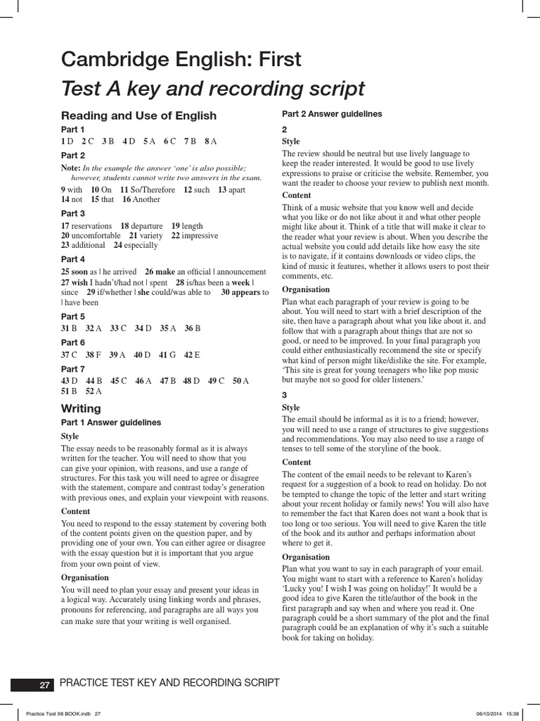 Test A Key and Recording Script: Cambridge English: First | PDF ...