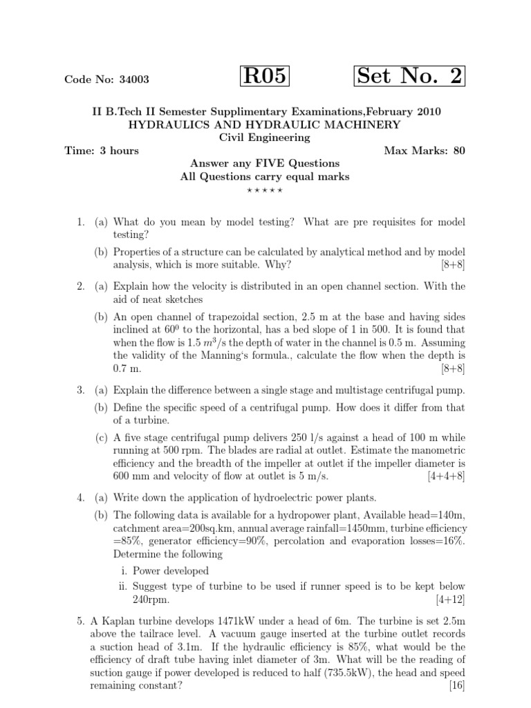 Hydraulics and Machinery Exam Questions | PDF | Jet Engine | Pump