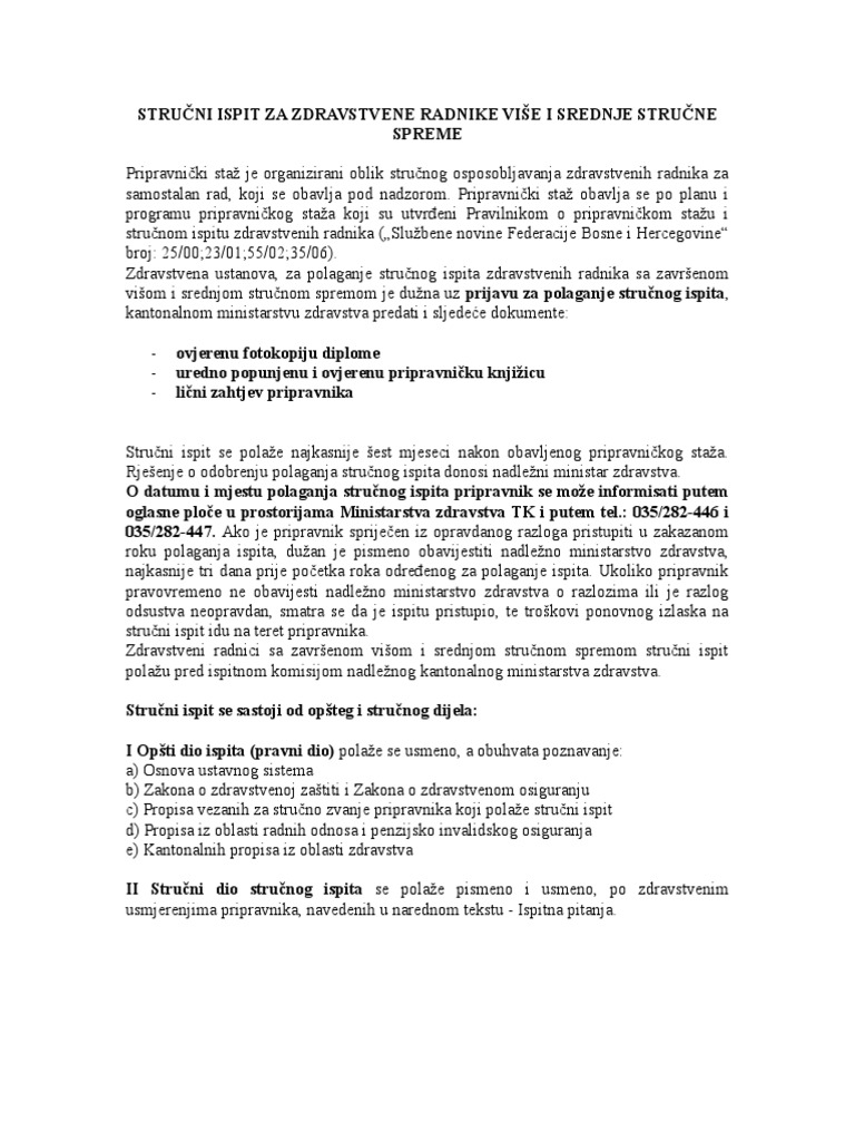 Strucni Ispit - Zdravstveni Smijer - Odgovori - Pravni Dio | PDF