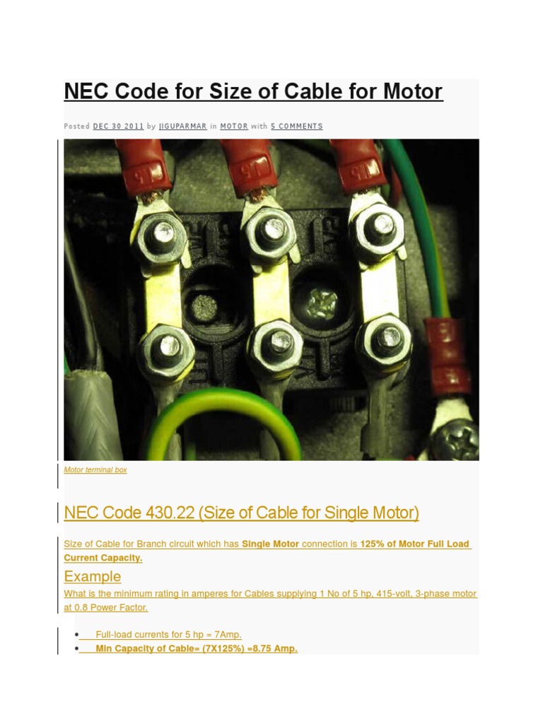 NEC Code For Size of Cable For Motor | PDF | Force | Manufactured Goods