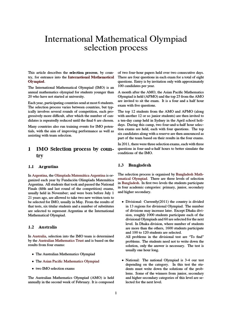 IMO Selection Process by Country | PDF | Competition | Teaching Mathematics