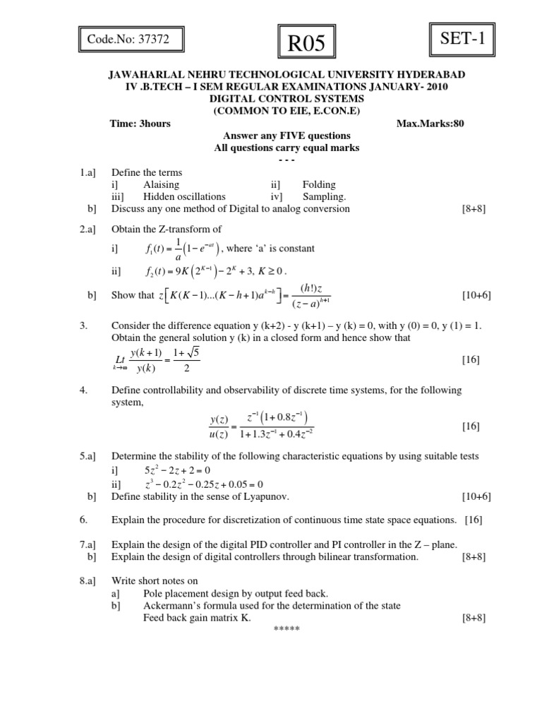 R05411005 Digital Control Systems Pdf Control Theory Algorithms