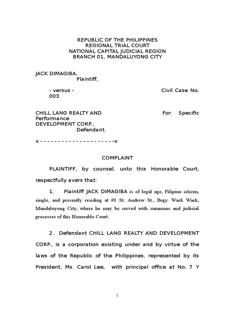 Specific Performance (Complaint) | PDF | Real Property | Complaint