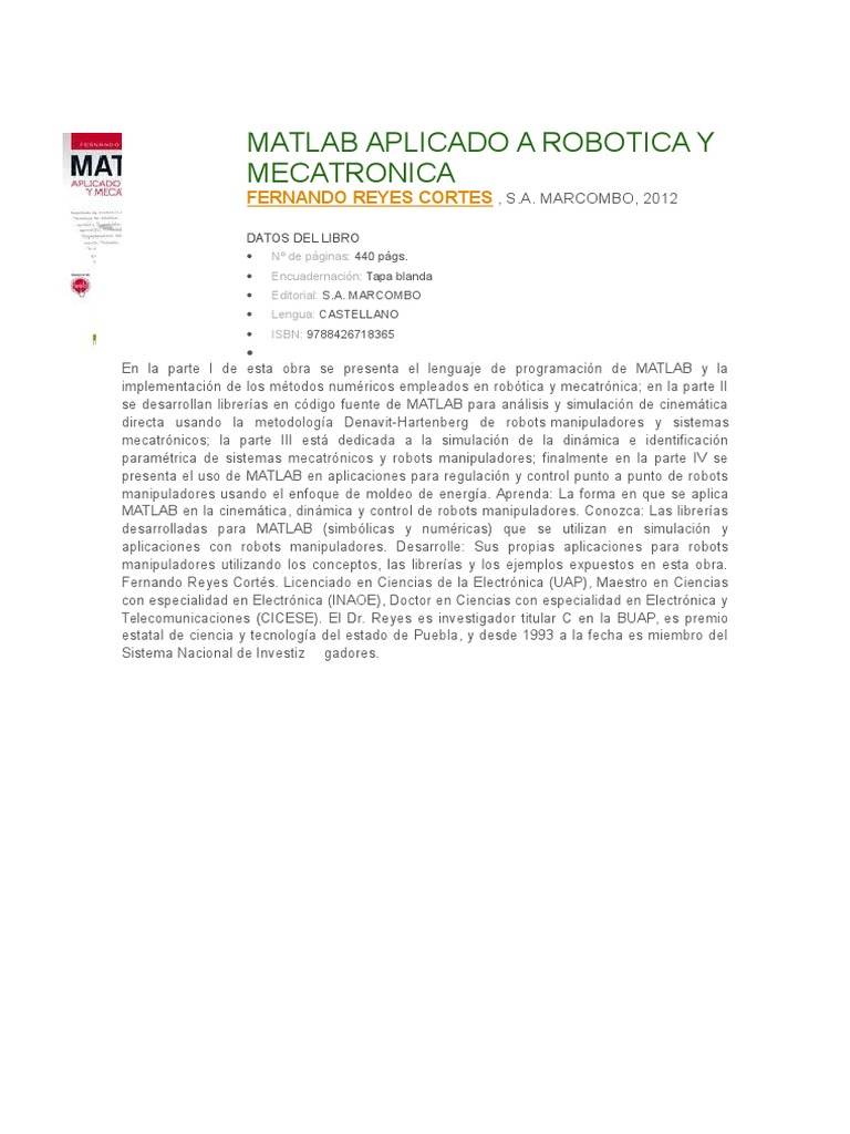 Matlab Aplicado A Robotica y Mecatronica | PDF | Matlab | Algoritmos