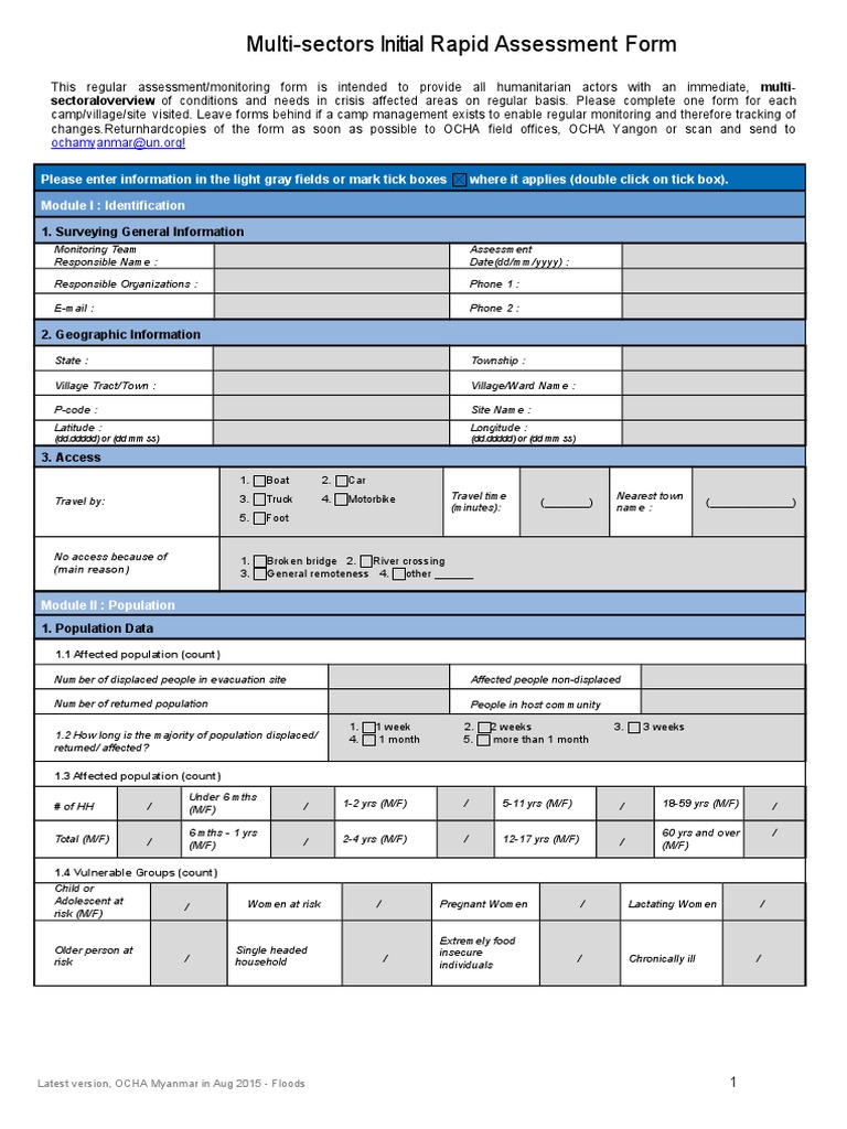 Initial Rapid Assessment Form OCHA 06aug2015 | Wellness | Medical