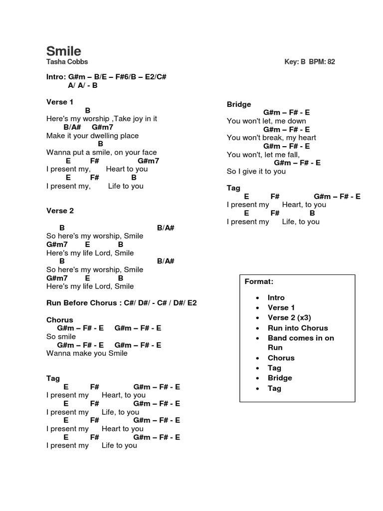 Smile - Tasha Cobbs Chord Chart | PDF | Song Structure | Songs