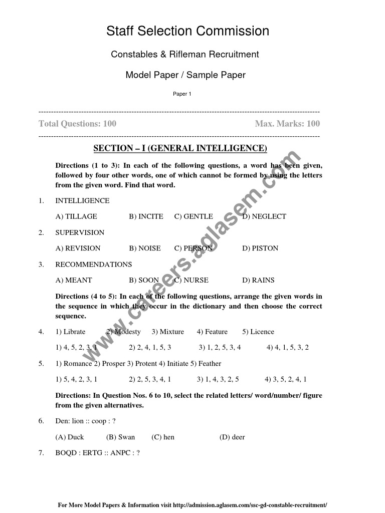 SSC GD Constable Model Paper 1 | Ozone | Sodium Bicarbonate | Free 30 ...