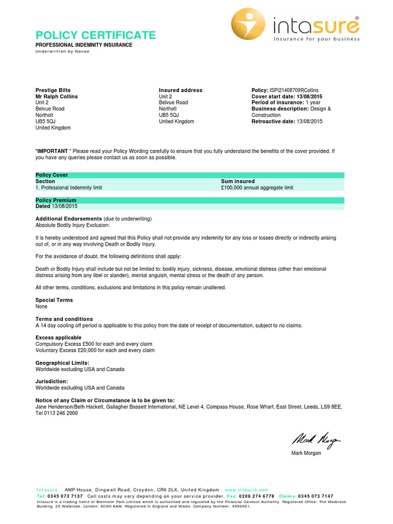 Policy Certificate | PDF | Finance & Money Management | Law