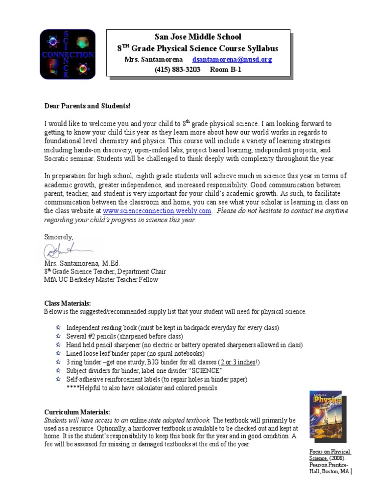 San Jose Middle School 8 Grade Physical Science Course Syllabus | PDF ...