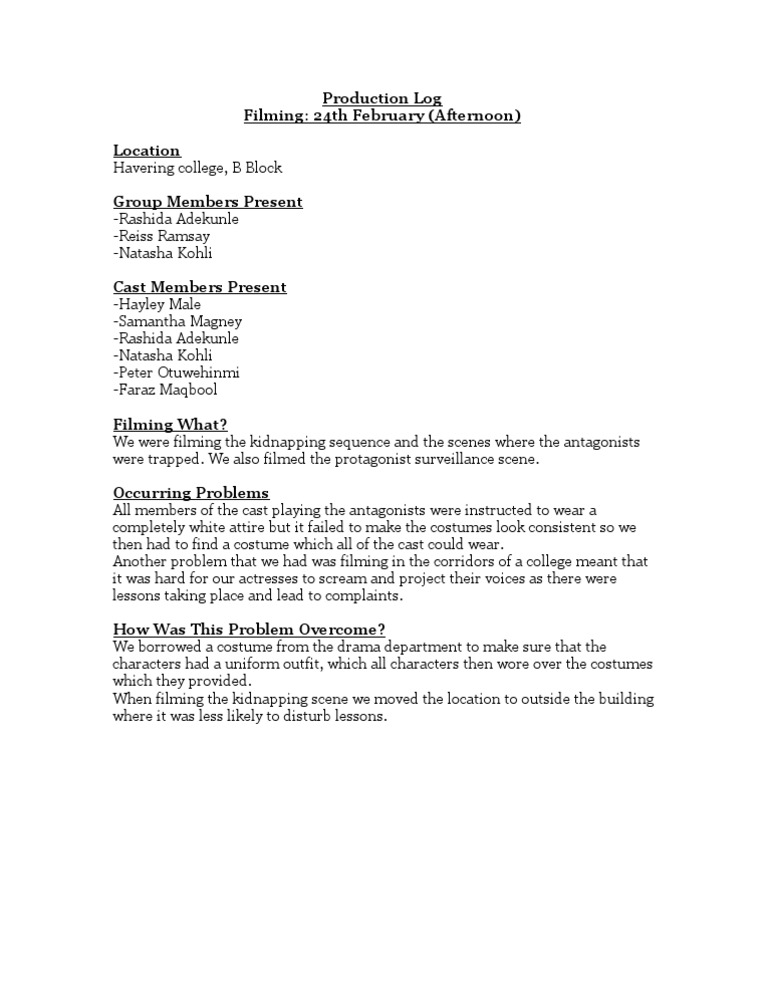 Production Log: Filming Challenges | PDF