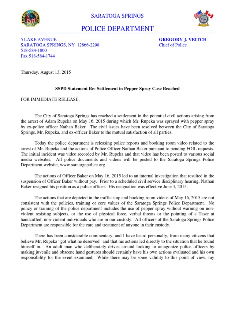 Saratoga Springs Police Statement On Officer Incident | PDF | Police ...