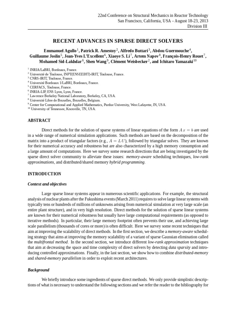 Recent Advances in Sparse Direct Solvers: Approximations, and Distributed/shared Memory Hybrid ...